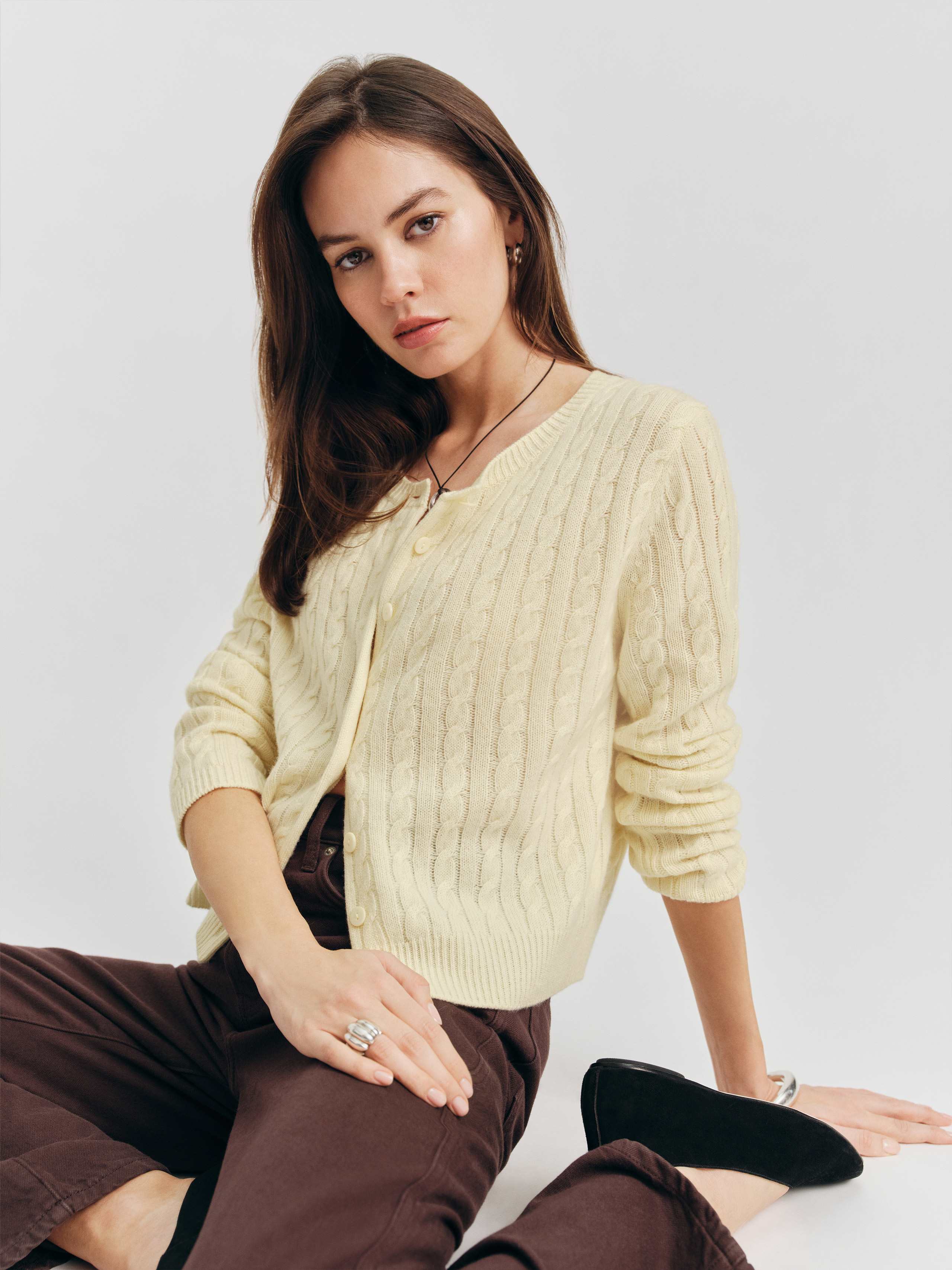 Reformation Clara Cashmere Crew Cardigan In Lemon Icing Cable | ModeSens